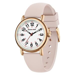 golden hour waterproof nurse watch for medical professionals, students women men - military time luminouse easy read dial, 24 hour with second hand, colorful silicone band in rose gold champagne