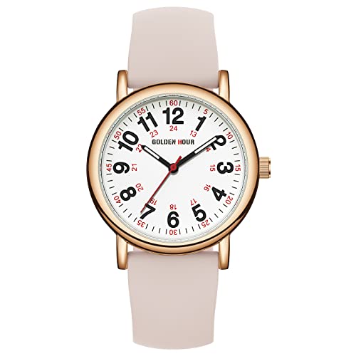 GOLDEN HOUR Waterproof Nurse Watch for Medical Professionals, Students Women Men - Military Time Luminouse Easy Read Dial, 24 Hour with Second Hand, Colorful Silicone Band in Rose Gold Champagne