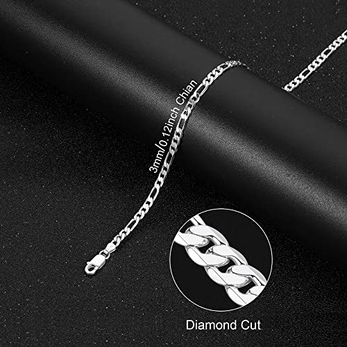 GLIJWELE Sterling Silver Chain for Men, Silver Chain for Men 3mm Sterling Silver Chain for Men Silver Necklace Chain Mens Chain Sterling Silver Figaro Chain Necklace for Men 16 Inch