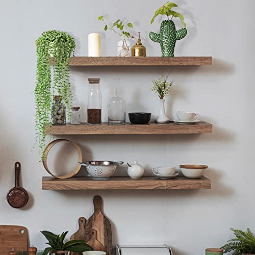 Floating Shelves,Solid Wood Shelf Set of 3,Floating Shelves for wall Solid Wood Durable Natural Floating Shelves Bracket Wall Shelves Decoration for Kitchen Bedroom Bathroom Study room (Light Brown)