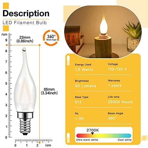 Genixgreen Frosted LED Candelabra Bulbs, Night Light Bulb 15 Watt Equivalent 1.5W E12 Mini Candle Bulb Low Wattage Flame Bent Tip for Chandelier Ceiling Fan, 2700K Soft White, Non-dimmable, Pack of 6