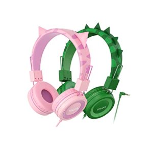 simjar cat ear kids headphones & dinosaur kids headphone, volume limiter 85/94db, wired headphones with foldable design for online learning/travel/tablet/ipad (green + pink)