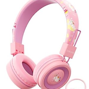 SIMJAR Unicorn Headphones with Microphone for School, Unicorn Rubber Band Included, Volume Limiter 85/94dB, Wired Foldable Girls Headphones for Online Learning/Travel/Tablet/iPad (Pink)