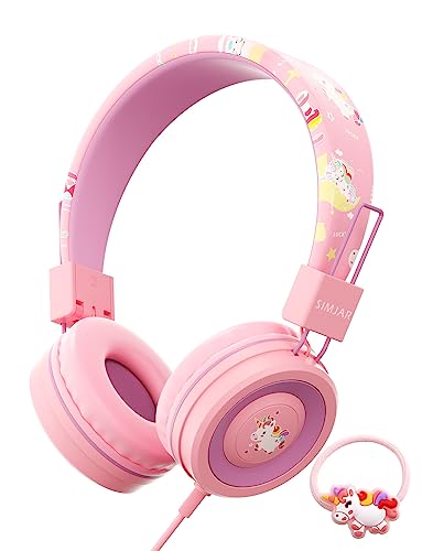 SIMJAR Unicorn Headphones with Microphone for School, Unicorn Rubber Band Included, Volume Limiter 85/94dB, Wired Foldable Girls Headphones for Online Learning/Travel/Tablet/iPad (Pink)