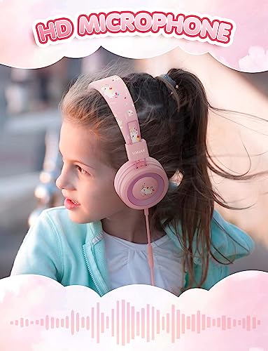 SIMJAR Unicorn Headphones with Microphone for School, Unicorn Rubber Band Included, Volume Limiter 85/94dB, Wired Foldable Girls Headphones for Online Learning/Travel/Tablet/iPad (Pink)