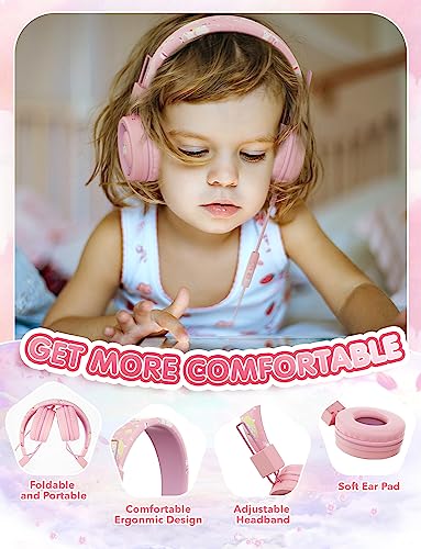 SIMJAR Unicorn Headphones with Microphone for School, Unicorn Rubber Band Included, Volume Limiter 85/94dB, Wired Foldable Girls Headphones for Online Learning/Travel/Tablet/iPad (Pink)