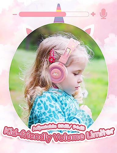 SIMJAR Unicorn Headphones with Microphone for School, Unicorn Rubber Band Included, Volume Limiter 85/94dB, Wired Foldable Girls Headphones for Online Learning/Travel/Tablet/iPad (Pink)