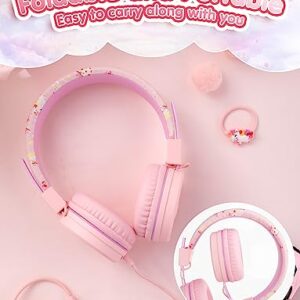 SIMJAR Unicorn Headphones with Microphone for School, Unicorn Rubber Band Included, Volume Limiter 85/94dB, Wired Foldable Girls Headphones for Online Learning/Travel/Tablet/iPad (Pink)