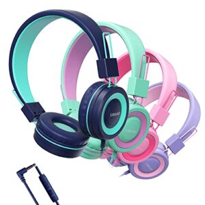 simjar 4 pack kids headphones with microphone for school classroom bulk set, volume limiter 85/94db, wired girls headphones with foldable design for online learning/travel/tablet/ipad (4 pack)