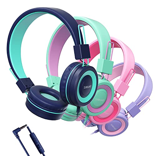 SIMJAR 4 Pack Kids Headphones with Microphone for School Classroom Bulk Set, Volume Limiter 85/94dB, Wired Girls Headphones with Foldable Design for Online Learning/Travel/Tablet/iPad (4 Pack)