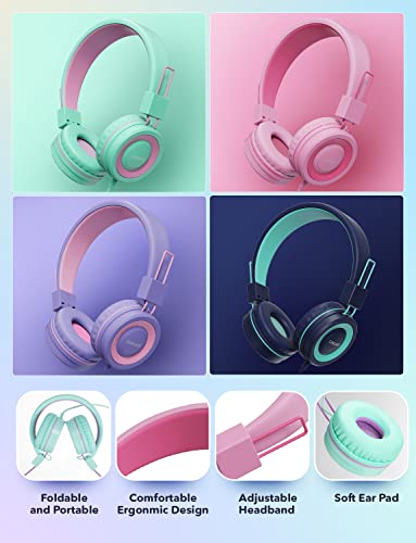 SIMJAR 4 Pack Kids Headphones with Microphone for School Classroom Bulk Set, Volume Limiter 85/94dB, Wired Girls Headphones with Foldable Design for Online Learning/Travel/Tablet/iPad (4 Pack)