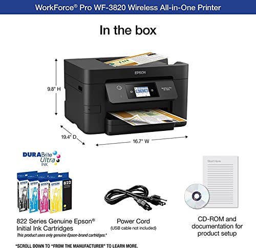 Epson Workforce Pro WF-3820 Wireless All-in-One Color Inkjet Printer, Black - Print Scan Copy Fax - 4800 x 2400 dpi, 21 ppm, 8.5 x 14, 35-Sheet ADF, Auto 2-Sided Printing, WiFi Direct, USB, Ethernet