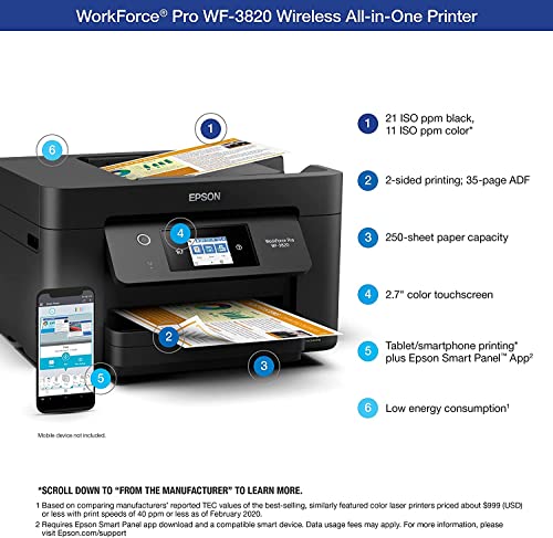 Epson Workforce Pro WF-3820 Wireless All-in-One Color Inkjet Printer, Black - Print Scan Copy Fax - 4800 x 2400 dpi, 21 ppm, 8.5 x 14, 35-Sheet ADF, Auto 2-Sided Printing, WiFi Direct, USB, Ethernet