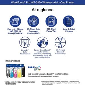 Epson Workforce Pro WF-3820 Wireless All-in-One Color Inkjet Printer, Black - Print Scan Copy Fax - 4800 x 2400 dpi, 21 ppm, 8.5 x 14, 35-Sheet ADF, Auto 2-Sided Printing, WiFi Direct, USB, Ethernet