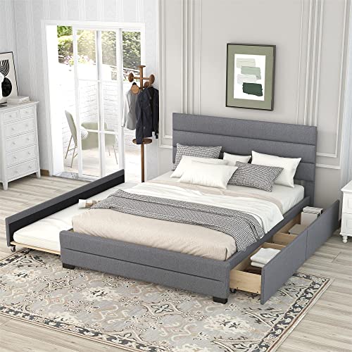 YUNLife&Home Upholstered Queen Size Platform Storage Bed with Trundle and Two Drawers, Velvet Upholstered Trundle Bed Frame, Wooden Queen Bed Frame with Headboard, No Box Spring Needed