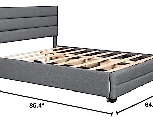 YUNLife&Home Upholstered Queen Size Platform Storage Bed with Trundle and Two Drawers, Velvet Upholstered Trundle Bed Frame, Wooden Queen Bed Frame with Headboard, No Box Spring Needed