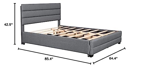 YUNLife&Home Upholstered Queen Size Platform Storage Bed with Trundle and Two Drawers, Velvet Upholstered Trundle Bed Frame, Wooden Queen Bed Frame with Headboard, No Box Spring Needed