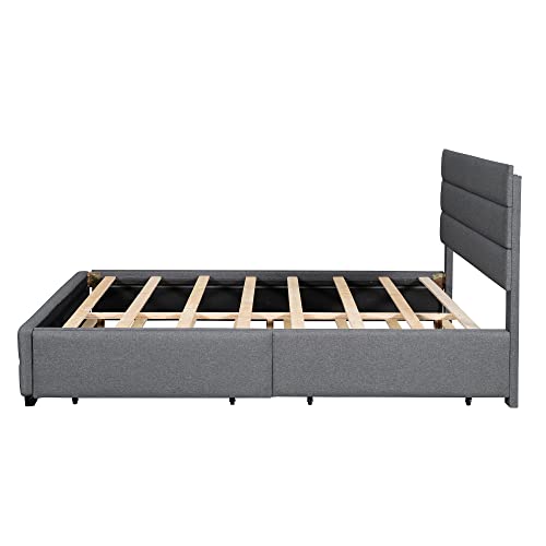 YUNLife&Home Upholstered Queen Size Platform Storage Bed with Trundle and Two Drawers, Velvet Upholstered Trundle Bed Frame, Wooden Queen Bed Frame with Headboard, No Box Spring Needed