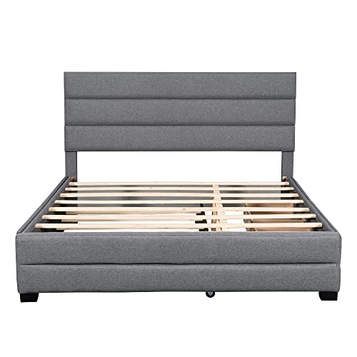 YUNLife&Home Upholstered Queen Size Platform Storage Bed with Trundle and Two Drawers, Velvet Upholstered Trundle Bed Frame, Wooden Queen Bed Frame with Headboard, No Box Spring Needed