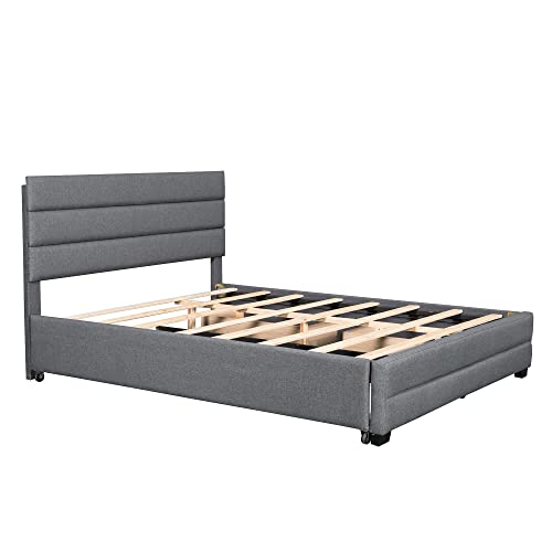 YUNLife&Home Upholstered Queen Size Platform Storage Bed with Trundle and Two Drawers, Velvet Upholstered Trundle Bed Frame, Wooden Queen Bed Frame with Headboard, No Box Spring Needed