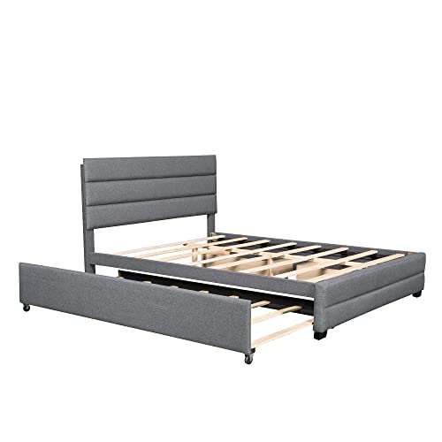 YUNLife&Home Upholstered Queen Size Platform Storage Bed with Trundle and Two Drawers, Velvet Upholstered Trundle Bed Frame, Wooden Queen Bed Frame with Headboard, No Box Spring Needed