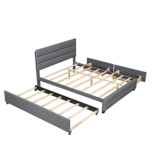 YUNLife&Home Upholstered Queen Size Platform Storage Bed with Trundle and Two Drawers, Velvet Upholstered Trundle Bed Frame, Wooden Queen Bed Frame with Headboard, No Box Spring Needed