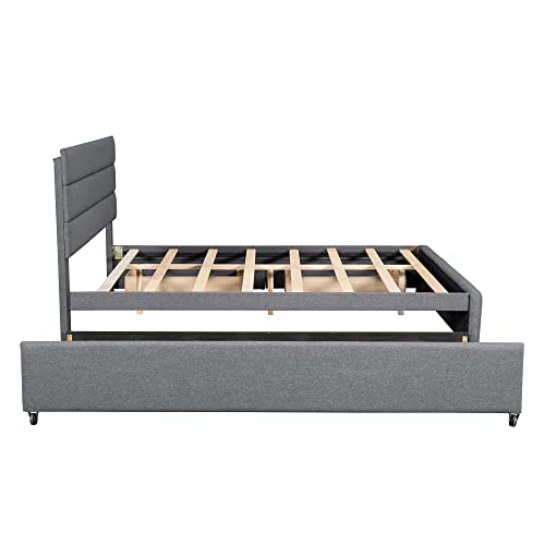 YUNLife&Home Upholstered Queen Size Platform Storage Bed with Trundle and Two Drawers, Velvet Upholstered Trundle Bed Frame, Wooden Queen Bed Frame with Headboard, No Box Spring Needed