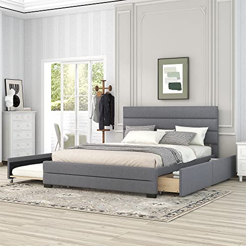 YUNLife&Home Upholstered Queen Size Platform Storage Bed with Trundle and Two Drawers, Velvet Upholstered Trundle Bed Frame, Wooden Queen Bed Frame with Headboard, No Box Spring Needed