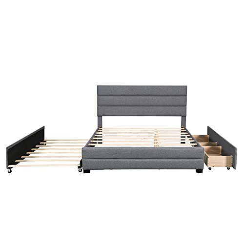 YUNLife&Home Upholstered Queen Size Platform Storage Bed with Trundle and Two Drawers, Velvet Upholstered Trundle Bed Frame, Wooden Queen Bed Frame with Headboard, No Box Spring Needed