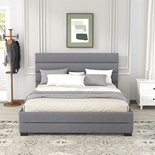 YUNLife&Home Upholstered Queen Size Platform Storage Bed with Trundle and Two Drawers, Velvet Upholstered Trundle Bed Frame, Wooden Queen Bed Frame with Headboard, No Box Spring Needed