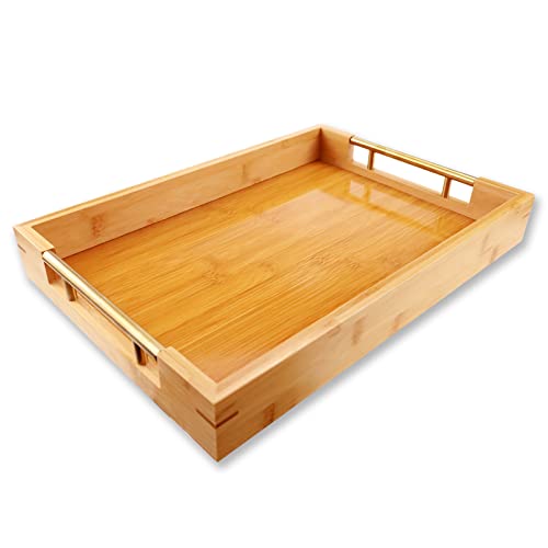 Muulaii Bamboo Wood Serving Tray with Gold Polished Metal Handles, Decorative Tray Platter Coffee Table Tray Rectangular Wooden Breakfast Tray for Ottoman, Kitchen, Bedroom, Lap &Couch - 15x10.4 Inch