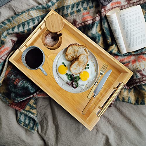 Muulaii Bamboo Wood Serving Tray with Gold Polished Metal Handles, Decorative Tray Platter Coffee Table Tray Rectangular Wooden Breakfast Tray for Ottoman, Kitchen, Bedroom, Lap &Couch - 15x10.4 Inch