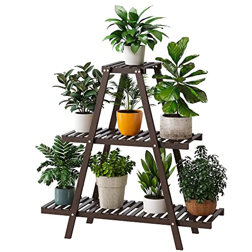 Furshus Plant Stand Indoor, Outdoor bamboo Plant Stands for Multiple Plants, 3 Tier 8 Potted Flower Holder Ladder Plant Rack,Plant Shelf Ladder Table Plant Pot Stand for Living Room, Patio, Balcony