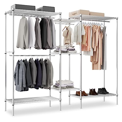 MoNiBloom Clothes Rack Heavy Duty 85.5 Inch Tall Garment Rack for Hanging Clothes, Metal Clothing Rack, Compact Freestanding Wardrobe Closet with 4 Hang Rods for Home Bedroom, Load 1000 lbs