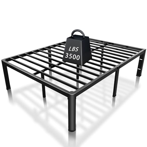 ROIL 14 inch Metal Queen Bed Frame with Rounded Corner and Headboard Hole Mattress Retainers 3500LBS Heavy Duty Steel Slats No Box Spring Needed Platform Noise-Free Easy Assembly