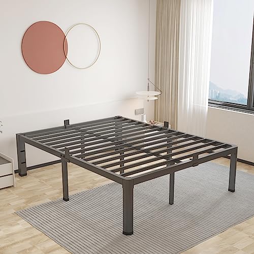 ROIL 14 inch Metal Queen Bed Frame with Rounded Corner and Headboard Hole Mattress Retainers 3500LBS Heavy Duty Steel Slats No Box Spring Needed Platform Noise-Free Easy Assembly