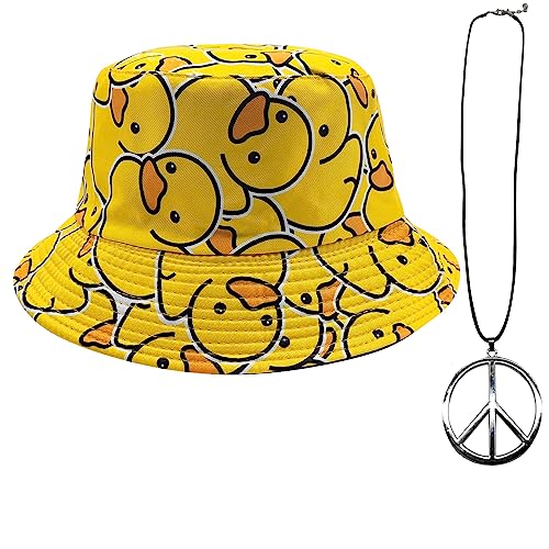 Bucket Hats Double-Side-Wear Reversible Fashion Sun Cap 80s 90s Hippie Fisherman Hat 80s Theme Party for Women Men (Rubber Duck Pattern)