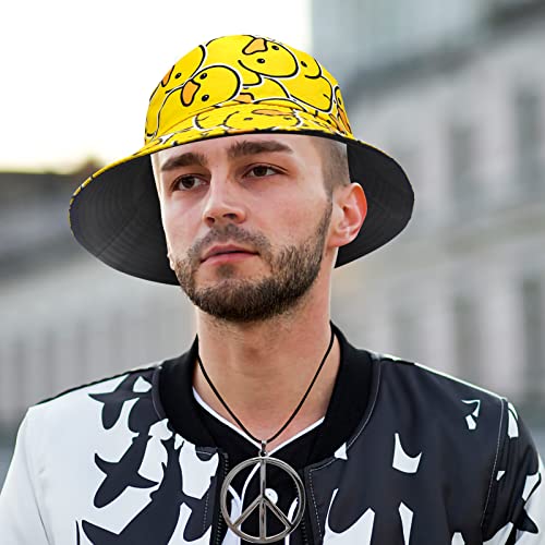 Bucket Hats Double-Side-Wear Reversible Fashion Sun Cap 80s 90s Hippie Fisherman Hat 80s Theme Party for Women Men (Rubber Duck Pattern)