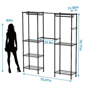 VyGrow Clothes Rack for Hanging Clothes, Adjustable Heavy Duty Clothing Rack with 4 Hang Rods & 7 Shelves, Load 800LBS, 70.47" L x 13.58" W x 76.77" H, Black