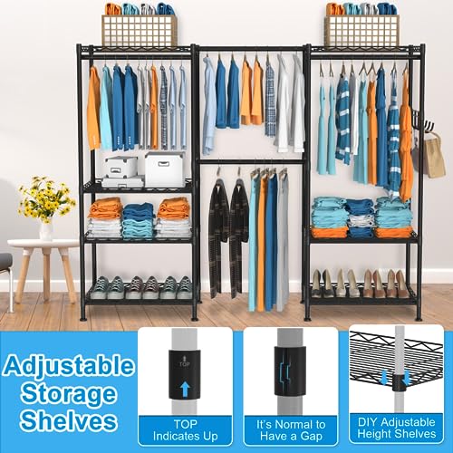 VyGrow Clothes Rack for Hanging Clothes, Adjustable Heavy Duty Clothing Rack with 4 Hang Rods & 7 Shelves, Load 800LBS, 70.47" L x 13.58" W x 76.77" H, Black