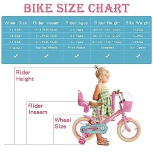 RULLY 14 Inch Kids Bike for 3 4 5 Years Girls with Training Wheels & Front Handbrake, Kids Bicycle with Basket Bike Streamers Toddler Cycle Bikes, Pink