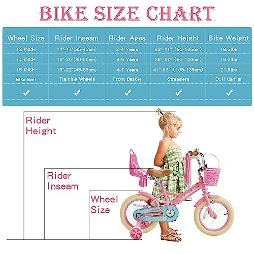 RULLY 14 Inch Kids Bike for 3 4 5 Years Girls with Training Wheels & Front Handbrake, Kids Bicycle with Basket Bike Streamers Toddler Cycle Bikes, Pink