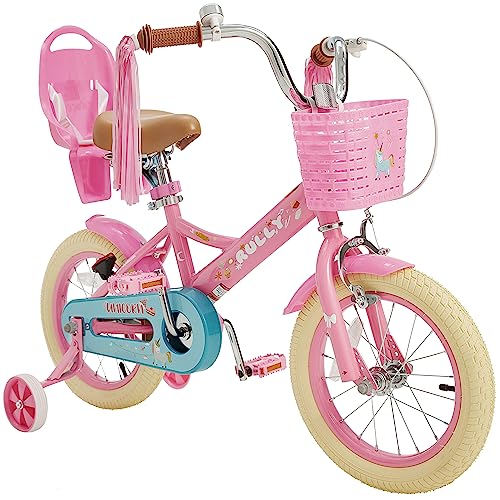 RULLY 14 Inch Kids Bike for 3 4 5 Years Girls with Training Wheels & Front Handbrake, Kids Bicycle with Basket Bike Streamers Toddler Cycle Bikes, Pink