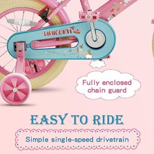 RULLY 14 Inch Kids Bike for 3 4 5 Years Girls with Training Wheels & Front Handbrake, Kids Bicycle with Basket Bike Streamers Toddler Cycle Bikes, Pink