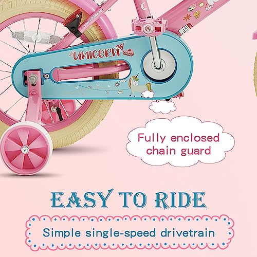 RULLY 14 Inch Kids Bike for 3 4 5 Years Girls with Training Wheels & Front Handbrake, Kids Bicycle with Basket Bike Streamers Toddler Cycle Bikes, Pink