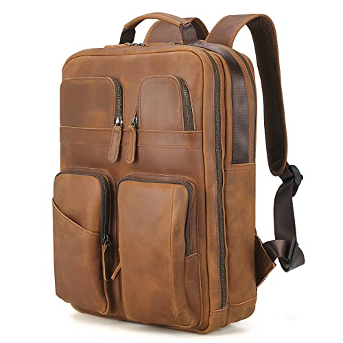 Polare 17.3 Inch Full Grain Leather Backpack for Men and Women Multi Pockets Business Travel Laptop Rucksack (Light Brown)