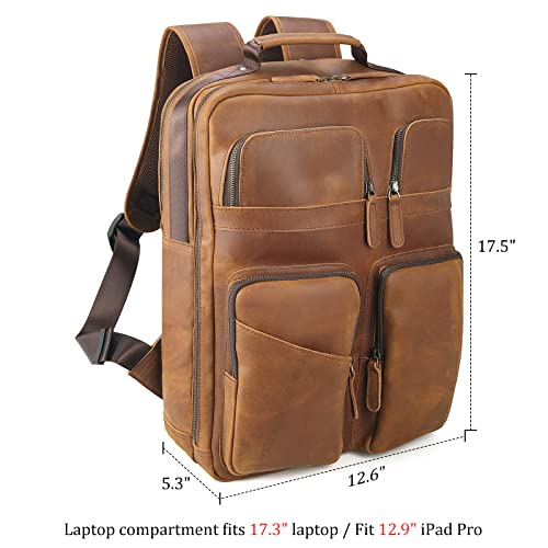 Polare 17.3 Inch Full Grain Leather Backpack for Men and Women Multi Pockets Business Travel Laptop Rucksack (Light Brown)