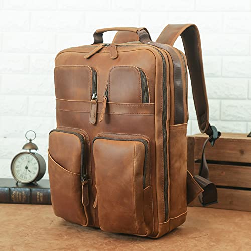 Polare 17.3 Inch Full Grain Leather Backpack for Men and Women Multi Pockets Business Travel Laptop Rucksack (Light Brown)