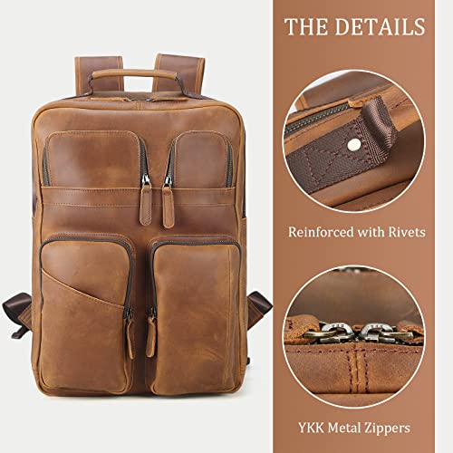 Polare 17.3 Inch Full Grain Leather Backpack for Men and Women Multi Pockets Business Travel Laptop Rucksack (Light Brown)