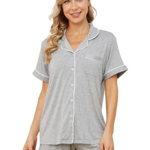 Yoolfine Womens Pajama Sets Short Sleeve Sleepwear Soft Button Down Nightwear Lounge Pj Set,Medium,Grey